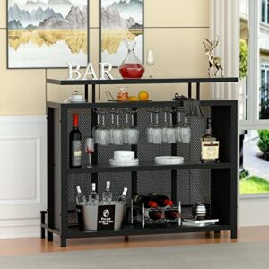 pakasept home bar unit, 3-tier liquor bar table with wine glasses holder and storage shelves and footrest, wine bar cabinet for home kitchen black