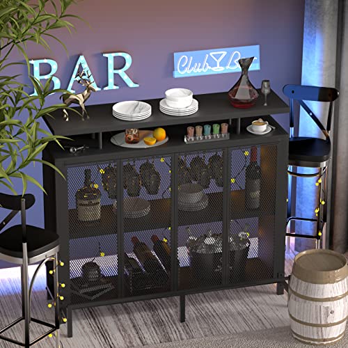 PAKASEPT Home Bar Unit, 3-Tier Liquor Bar Table with Wine Glasses Holder and Storage Shelves and Footrest, Wine Bar Cabinet for Home Kitchen Black