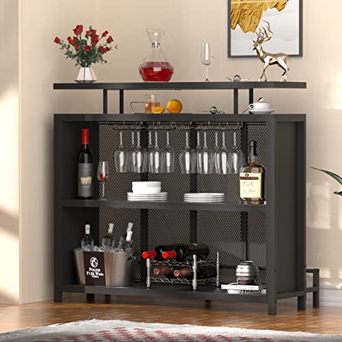 PAKASEPT Home Bar Unit, 3-Tier Liquor Bar Table with Wine Glasses Holder and Storage Shelves and Footrest, Wine Bar Cabinet for Home Kitchen Black