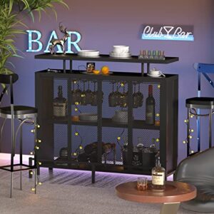 PAKASEPT Home Bar Unit, 3-Tier Liquor Bar Table with Wine Glasses Holder and Storage Shelves and Footrest, Wine Bar Cabinet for Home Kitchen Black