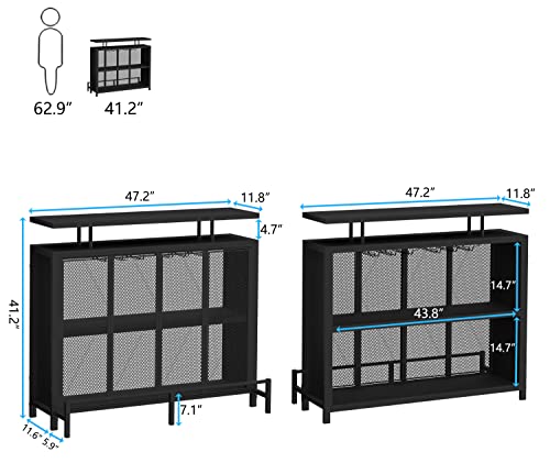 PAKASEPT Home Bar Unit, 3-Tier Liquor Bar Table with Wine Glasses Holder and Storage Shelves and Footrest, Wine Bar Cabinet for Home Kitchen Black