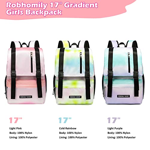 Robhomily Girls Backpack for Middle School 17 inch Large Capacity Lightweight School Backpack for Teens Girls with Waterproof Pink Gradient Color