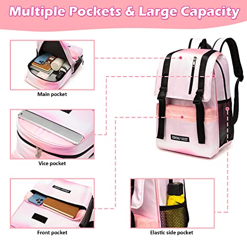 Robhomily Girls Backpack for Middle School 17 inch Large Capacity Lightweight School Backpack for Teens Girls with Waterproof Pink Gradient Color