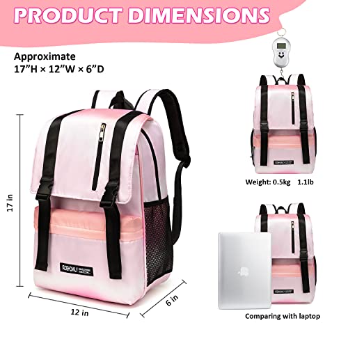 Robhomily Girls Backpack for Middle School 17 inch Large Capacity Lightweight School Backpack for Teens Girls with Waterproof Pink Gradient Color