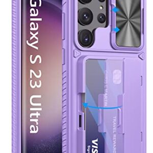 Vihibii Wallet Phone Case for Samsung Galaxy S23 Ultra 5G with Slide Camera Protection Cover, Built-in Card Holder (4 Cards) & Kickstand, Shockproof Rugged 6.8" 2023, Purple