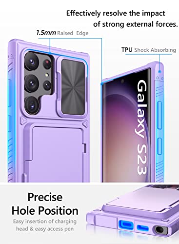 Vihibii Wallet Phone Case for Samsung Galaxy S23 Ultra 5G with Slide Camera Protection Cover, Built-in Card Holder (4 Cards) & Kickstand, Shockproof Rugged 6.8" 2023, Purple