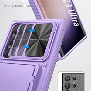 Vihibii Wallet Phone Case for Samsung Galaxy S23 Ultra 5G with Slide Camera Protection Cover, Built-in Card Holder (4 Cards) & Kickstand, Shockproof Rugged 6.8" 2023, Purple