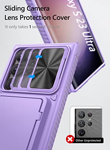 Vihibii Wallet Phone Case for Samsung Galaxy S23 Ultra 5G with Slide Camera Protection Cover, Built-in Card Holder (4 Cards) & Kickstand, Shockproof Rugged 6.8" 2023, Purple