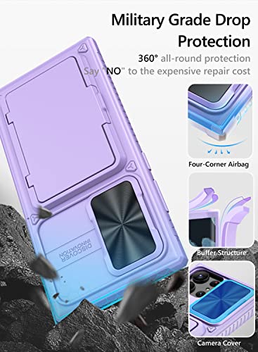 Vihibii Wallet Phone Case for Samsung Galaxy S23 Ultra 5G with Slide Camera Protection Cover, Built-in Card Holder (4 Cards) & Kickstand, Shockproof Rugged 6.8" 2023, Purple