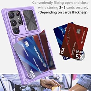 Vihibii Wallet Phone Case for Samsung Galaxy S23 Ultra 5G with Slide Camera Protection Cover, Built-in Card Holder (4 Cards) & Kickstand, Shockproof Rugged 6.8" 2023, Purple