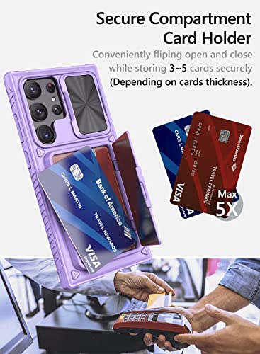 Vihibii Wallet Phone Case for Samsung Galaxy S23 Ultra 5G with Slide Camera Protection Cover, Built-in Card Holder (4 Cards) & Kickstand, Shockproof Rugged 6.8" 2023, Purple