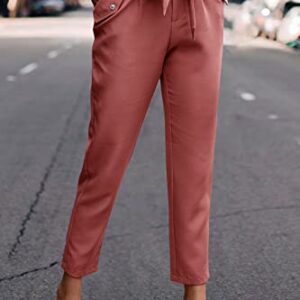 PRETTYGARDEN Women's Casual Long Pants High Waist Belted Paper Bag Work Pant Trousers with Pockets (Brick Red,Small)