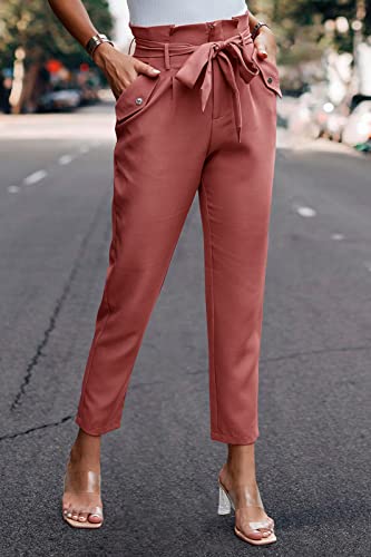 PRETTYGARDEN Women's Casual Long Pants High Waist Belted Paper Bag Work Pant Trousers with Pockets (Brick Red,Small)