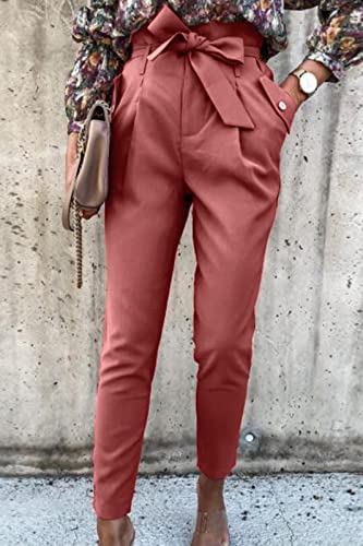 PRETTYGARDEN Women's Casual Long Pants High Waist Belted Paper Bag Work Pant Trousers with Pockets (Brick Red,Small)