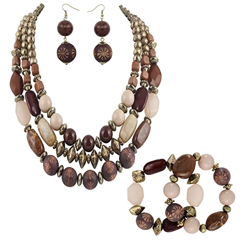 BOCAR 3 Layer Chunky Statement Beaded Necklace Set with Earrings Bracelet Fashion Multi Layer Women Collar Necklace (NK-10625-Brown+er+br)