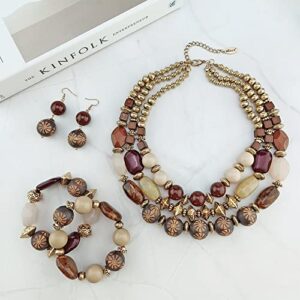 BOCAR 3 Layer Chunky Statement Beaded Necklace Set with Earrings Bracelet Fashion Multi Layer Women Collar Necklace (NK-10625-Brown+er+br)