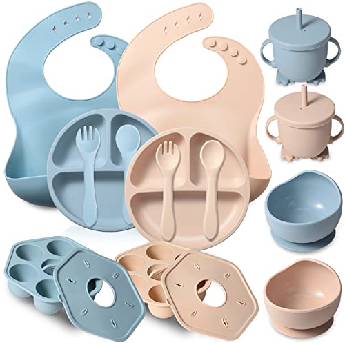 14 Pcs Baby Led Weaning Supplies Baby Feeding Set Includes Baby Plates with Suction Baby Food Freezer Tray Self Feeding Baby Utensils Silicone Bib Bowl Straw Cup for Toddler Children Eating Training