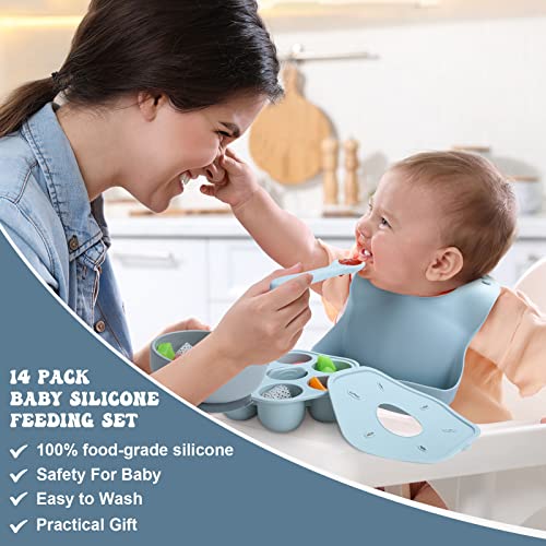 14 Pcs Baby Led Weaning Supplies Baby Feeding Set Includes Baby Plates with Suction Baby Food Freezer Tray Self Feeding Baby Utensils Silicone Bib Bowl Straw Cup for Toddler Children Eating Training