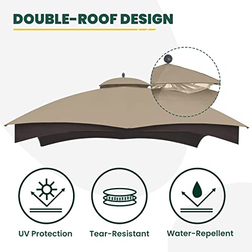 OLILAWN Outdoor Gazebo Replacement Canopy Top, 10' x 12' Double-Tier Gazebo Roof Cover with Air Vent, Heavy Duty Canopy Roof Gazebo Top for Lowe's Allen Roth Gazebo 10x12#GF-12S004B-1, Khaki