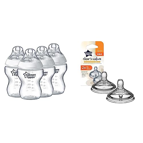 Bundle of Tommee Tippee Closer to Nature Baby Bottles Slow Flow Breast-Like Nipple with Anti-Colic Valve (9oz, 4 Count) + Tommee Tippee Closer to Nature Fast Flow Baby Bottle Nipples, 6+ Months 2pk