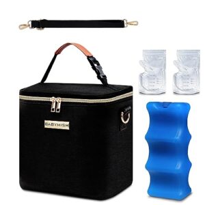 babymish breastmilk cooler bag with 2 extra breastmilk storage bags & 1 ice pack - fits 6 baby bottles up to 9 oz - wearable breast pump bag with straps - perfect for nursing, mom (full black)