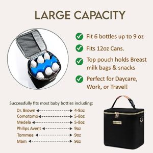 BABYMISH Breastmilk Cooler Bag with 2 Extra Breastmilk Storage Bags & 1 Ice Pack - Fits 6 Baby Bottles Up to 9 Oz - Wearable Breast Pump Bag with Straps - Perfect for Nursing, Mom (Full Black)