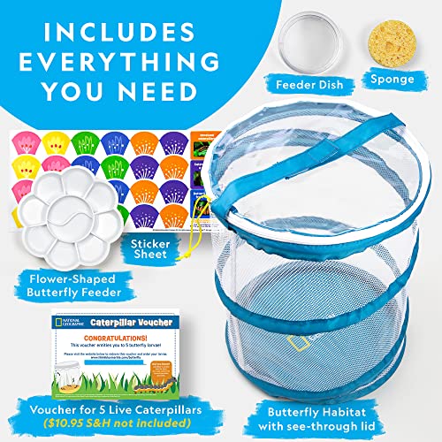 NATIONAL GEOGRAPHIC Butterfly Growing Kit - Butterfly Habitat Kit with Voucher to Redeem 5 Caterpillars ($10.95 S&H Not Included), Butterfly Cage, Feeder (Amazon Exclusive)