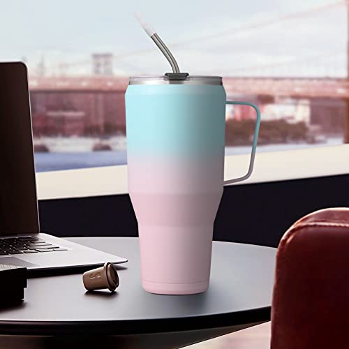 GOBATT 40 oz Tumbler with Handle and Straw Lid，Reusable Stainless Steel Double Vacuum Insulated Travel Mug Iced Coffee cup ，Keep Cold for 24 Hours, pink green