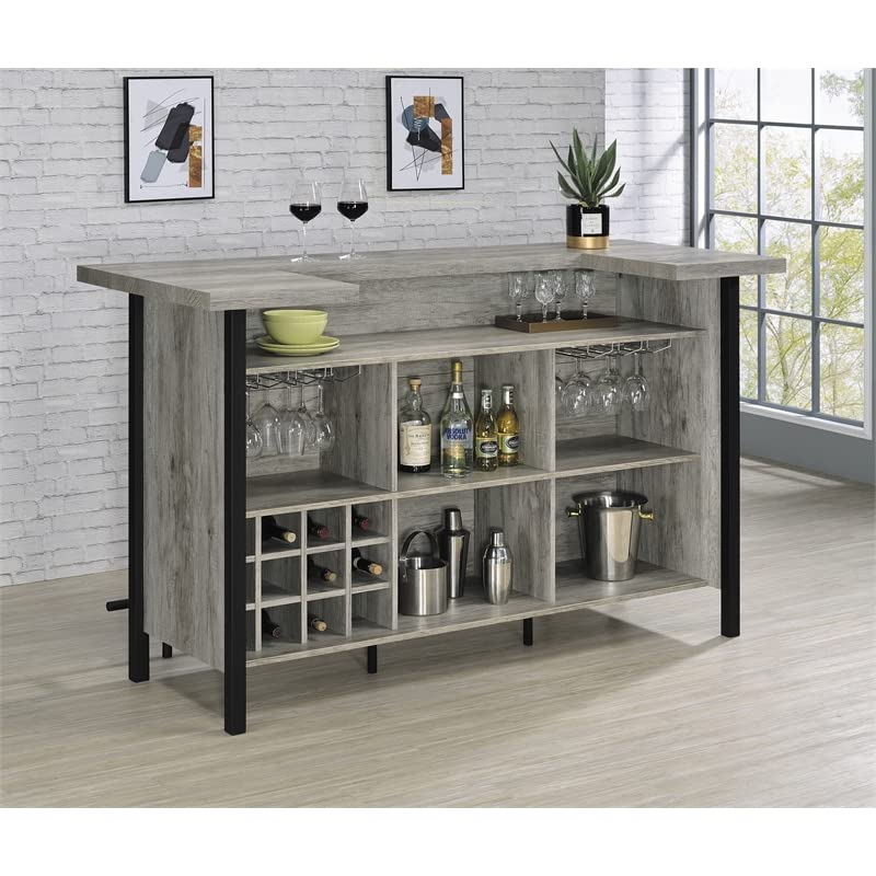 Coaster 70.75" W Modern Wood Bar Unit with Footrest in Gray Driftwood/Black