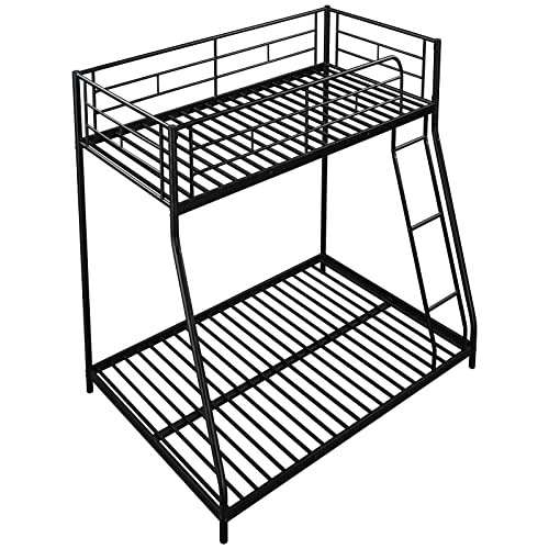 Twin Over Full Metal Bunk Bed with Ladder & Safety Guard Rails,Low Bunkbeds w/Sturdy Steel Slat Support, for Kids Teens Adults,Space Saving & No Box Spring Need,Black