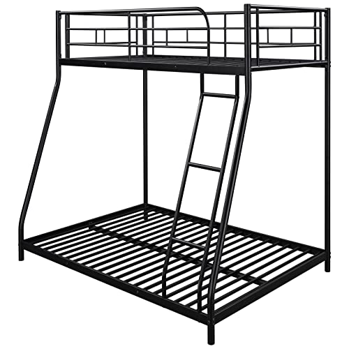 Twin Over Full Metal Bunk Bed with Ladder & Safety Guard Rails,Low Bunkbeds w/Sturdy Steel Slat Support, for Kids Teens Adults,Space Saving & No Box Spring Need,Black