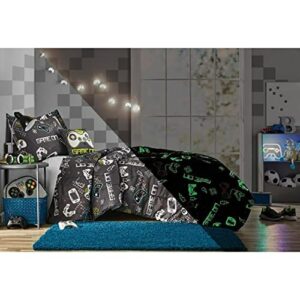 heritage kids twin/twin xl glow in the dark gaming comforter 5 piece set with string light and flashlight,grey