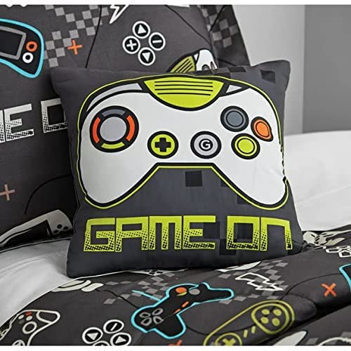 Heritage Kids Twin/Twin XL Glow in The Dark Gaming Comforter 5 Piece Set with String Light and Flashlight,Grey