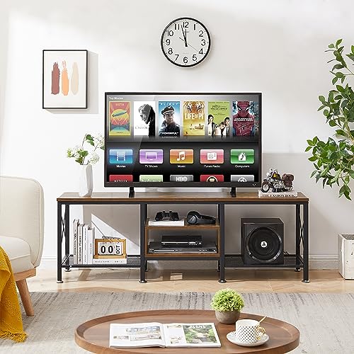 VECELO Industrial TV Stand for 70 Inch Television Cabinet 3-Tier Console with Open Storage Shelves, Entertainment Center Metal Frame for Living Room, Bedroom, 63 Inch, Dark Brown