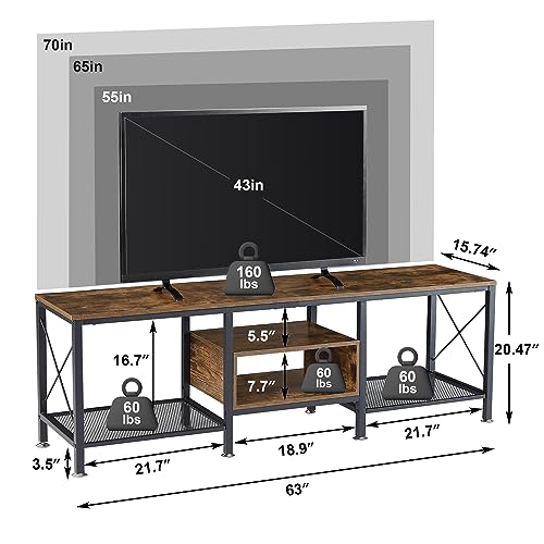 VECELO Industrial TV Stand for 70 Inch Television Cabinet 3-Tier Console with Open Storage Shelves, Entertainment Center Metal Frame for Living Room, Bedroom, 63 Inch, Dark Brown