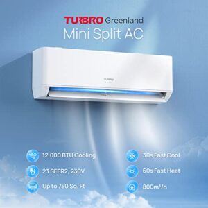 TURBRO 12,000 BTU Ductless Mini Split Inverter AC with Heat Pump, 23 SEER2, 230V, WiFi-Enabled, Cools up to 750 Sq.Ft, Energy Star, Greenland Series