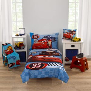 disney cars radiator springs white, blue, and red lightning mcqueen and tow-mater 4 piece toddler bed set - comforter, fitted bottom sheet, flat top sheet and reversible pillowcase