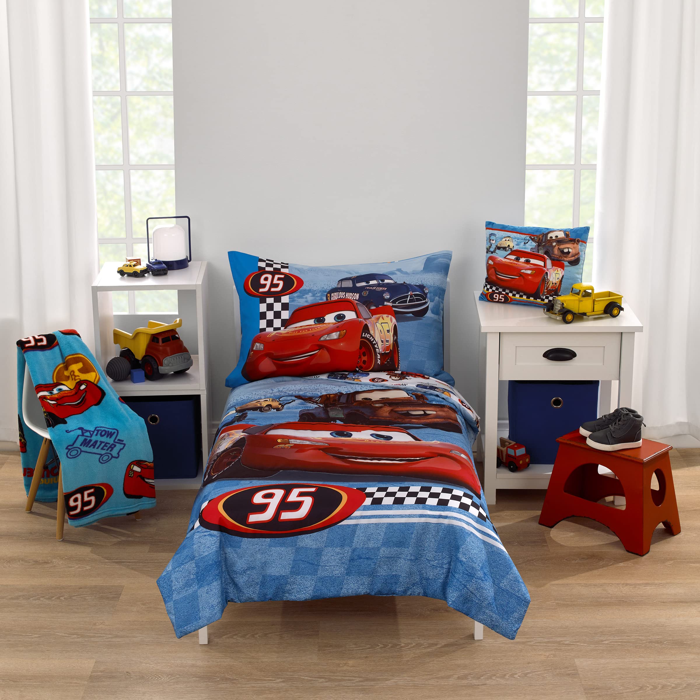 Disney Cars Radiator Springs White, Blue, and Red Lightning McQueen and Tow-Mater 4 Piece Toddler Bed Set - Comforter, Fitted Bottom Sheet, Flat Top Sheet and Reversible Pillowcase