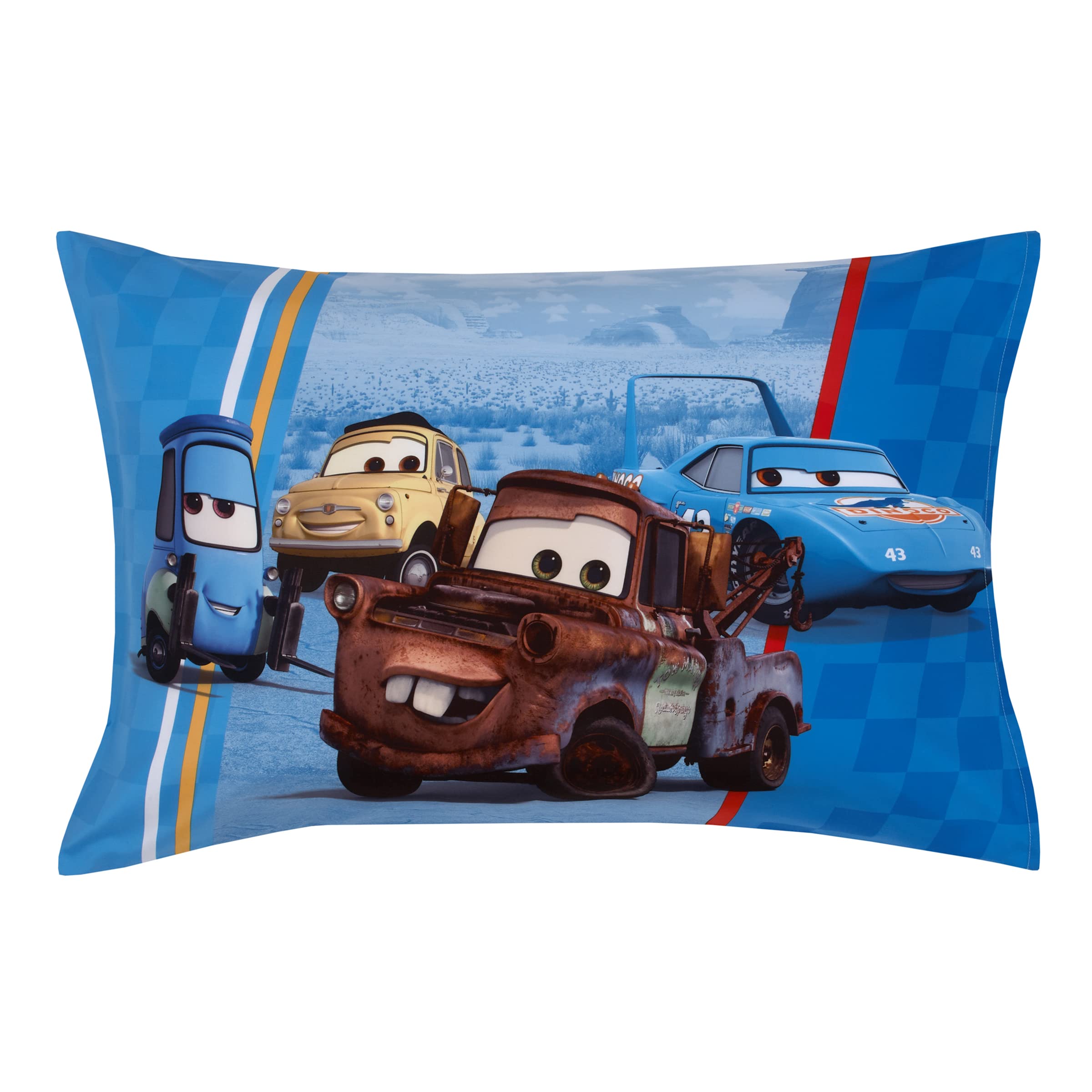 Disney Cars Radiator Springs White, Blue, and Red Lightning McQueen and Tow-Mater 4 Piece Toddler Bed Set - Comforter, Fitted Bottom Sheet, Flat Top Sheet and Reversible Pillowcase