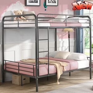 movdevy heavy duty full over full bunk beds, metal bunk beds full over full for kids adults, industrial style full over full size bunk bed with ladder, can be converted to 2 beds, no box spring needed