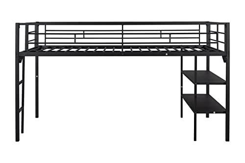 Anwickmak Metal Twin Low Loft Bed with Storage Shelves and Ladder, Bunk Floating Bed for Kids,Space Saving,No Box Spring Needed, Easy Assembly(Black)