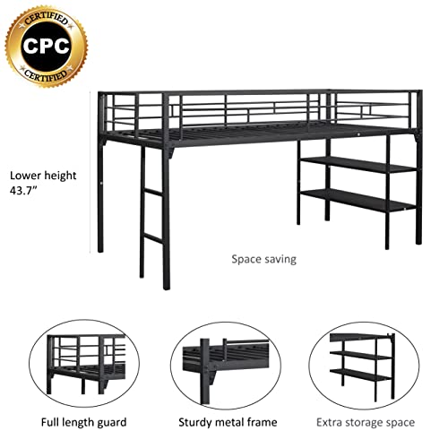 Anwickmak Metal Twin Low Loft Bed with Storage Shelves and Ladder, Bunk Floating Bed for Kids,Space Saving,No Box Spring Needed, Easy Assembly(Black)