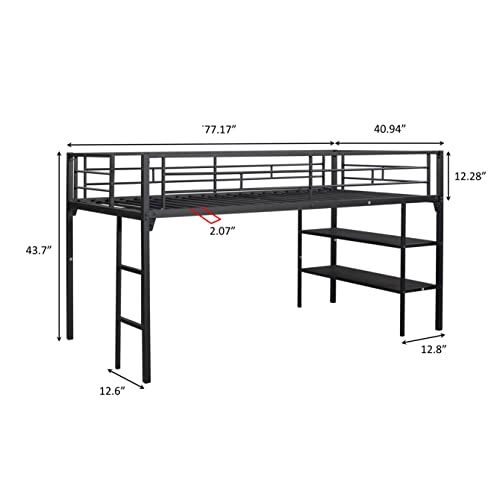 Anwickmak Metal Twin Low Loft Bed with Storage Shelves and Ladder, Bunk Floating Bed for Kids,Space Saving,No Box Spring Needed, Easy Assembly(Black)