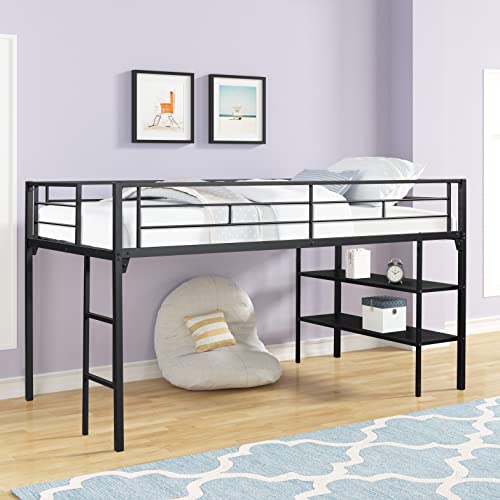 Anwickmak Metal Twin Low Loft Bed with Storage Shelves and Ladder, Bunk Floating Bed for Kids,Space Saving,No Box Spring Needed, Easy Assembly(Black)