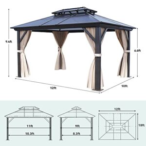 YITAHOME 10x12FT Gazebo Hard-Top Double Roof Canopy Outdoor with Netting and Shaded Curtains, Aluminum Frame Polycarbonate Hardtop Garden Tent for Patio, Backyard, Deck and Lawns, Brown