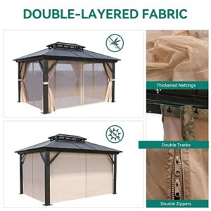 YITAHOME 10x12FT Gazebo Hard-Top Double Roof Canopy Outdoor with Netting and Shaded Curtains, Aluminum Frame Polycarbonate Hardtop Garden Tent for Patio, Backyard, Deck and Lawns, Brown