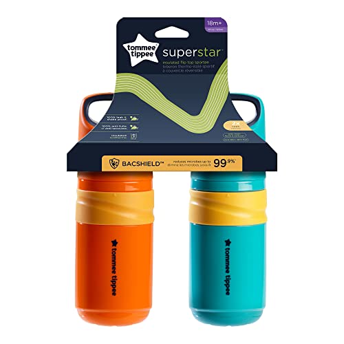 Tommee Tippee Superstar Insulated Flip Top Sportee Straw Cup, 18m+, 11oz, 2 Pack | Leak and Shake Proof, Anti-Microbial Spout