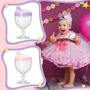 2 Pcs Baby Wine Sippy Cup Plastic Goblet Cup No Spill Wine Glass Sippy Cup Baby Goblet Cup Baby Sippy Cup Wine Glass Beverage Mug Milk Bottle with Lid for Kids on Birthday Party (Pink, Purple)