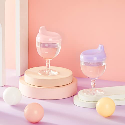 2 Pcs Baby Wine Sippy Cup Plastic Goblet Cup No Spill Wine Glass Sippy Cup Baby Goblet Cup Baby Sippy Cup Wine Glass Beverage Mug Milk Bottle with Lid for Kids on Birthday Party (Pink, Purple)