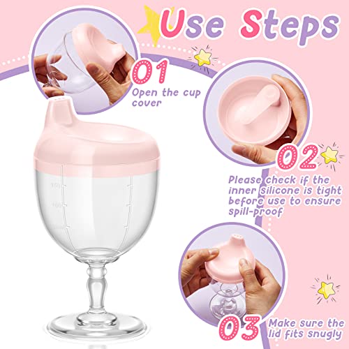 2 Pcs Baby Wine Sippy Cup Plastic Goblet Cup No Spill Wine Glass Sippy Cup Baby Goblet Cup Baby Sippy Cup Wine Glass Beverage Mug Milk Bottle with Lid for Kids on Birthday Party (Pink, Purple)